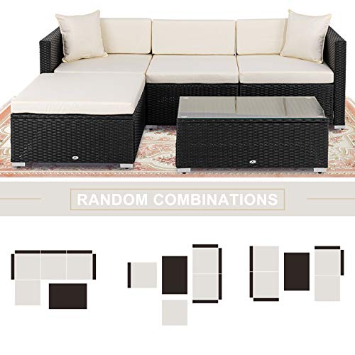 CharaVector Patio Furniture Set, Outdoor Sectional Rattan Sofa Wicker Conversation Couch Set 5 Pieces with Pillows&Coffee Table&Thick Cushions for Backyard Garden Poolside