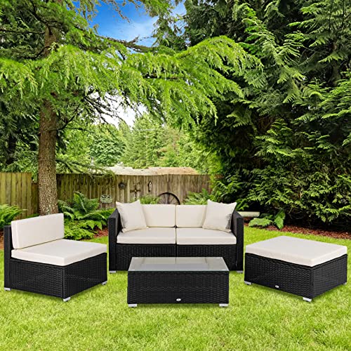 CharaVector Patio Furniture Set, Outdoor Sectional Rattan Sofa Wicker Conversation Couch Set 5 Pieces with Pillows&Coffee Table&Thick Cushions for Backyard Garden Poolside