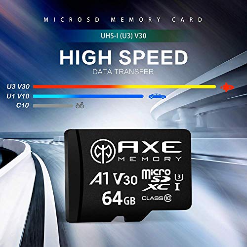 AXE MEMORY 64GB microSDXC Memory Card + SD Adapter with A1 App Performance, V30 UHS-I U3 4K
