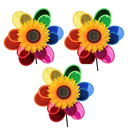 Ayiwue Sunflower Colorful Pinwheels Windmill Toy Wind Spinners for Yard and Garden,Windmill Decor Ornament Spinner for Patio Lawn Yard Garden Party Outdoor Stake Decorations (3PCS)