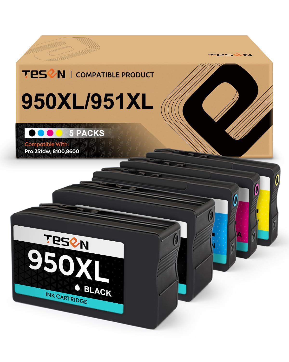 TESEN (950 951) Compatible 950 951 XL Ink Cartridge Replacement for HP 950XL 951XL Use with HP Officejet PRO 8610 8600 8100 8620 8630 8640 8660 8615 8625 251dw 271dw 276DW Printer, 5 Pack Color Set