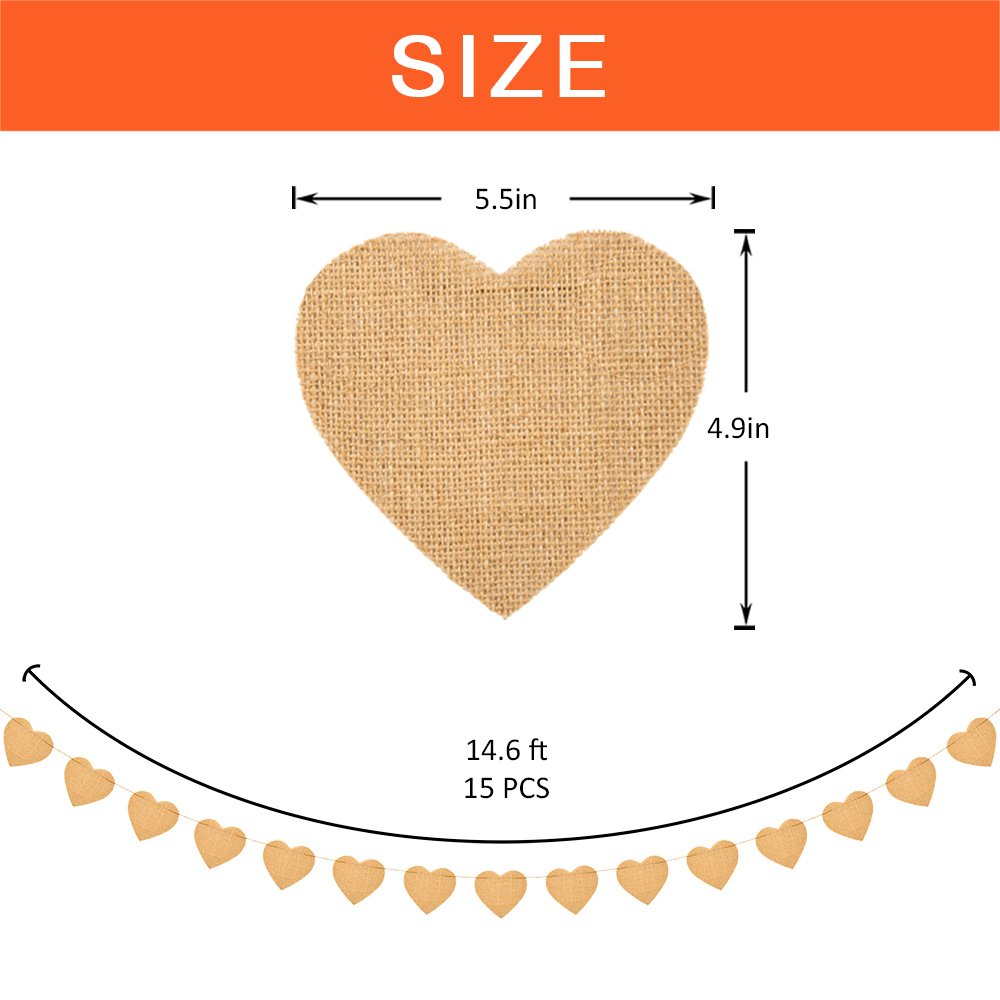 ThxToms (15 Pcs) Heart-Shape Burlap Banner, DIY Custom Banners, Party Decor for Birthday, Wedding, Baby Shower and Graduation, 14.6ft