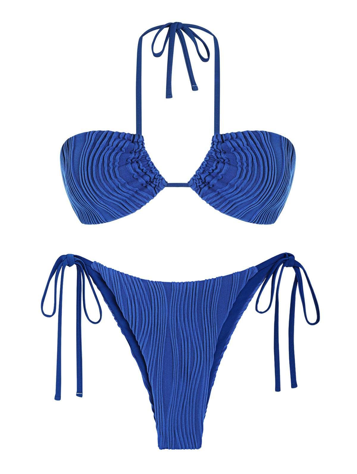 ZAFUL Women's Bandeau Bikini Set Tie Side Swimwear O Ring Cinched Strapless Swimsuit Halter Two Piece Bathing Suit