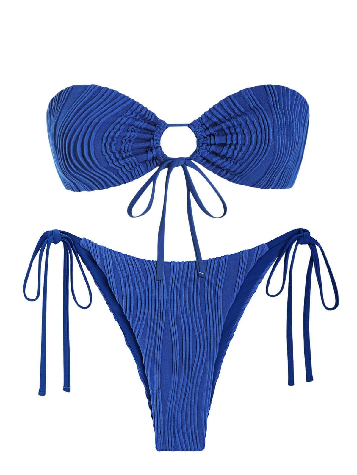 ZAFUL Women's Bandeau Bikini Set Tie Side Swimwear O Ring Cinched Strapless Swimsuit Halter Two Piece Bathing Suit