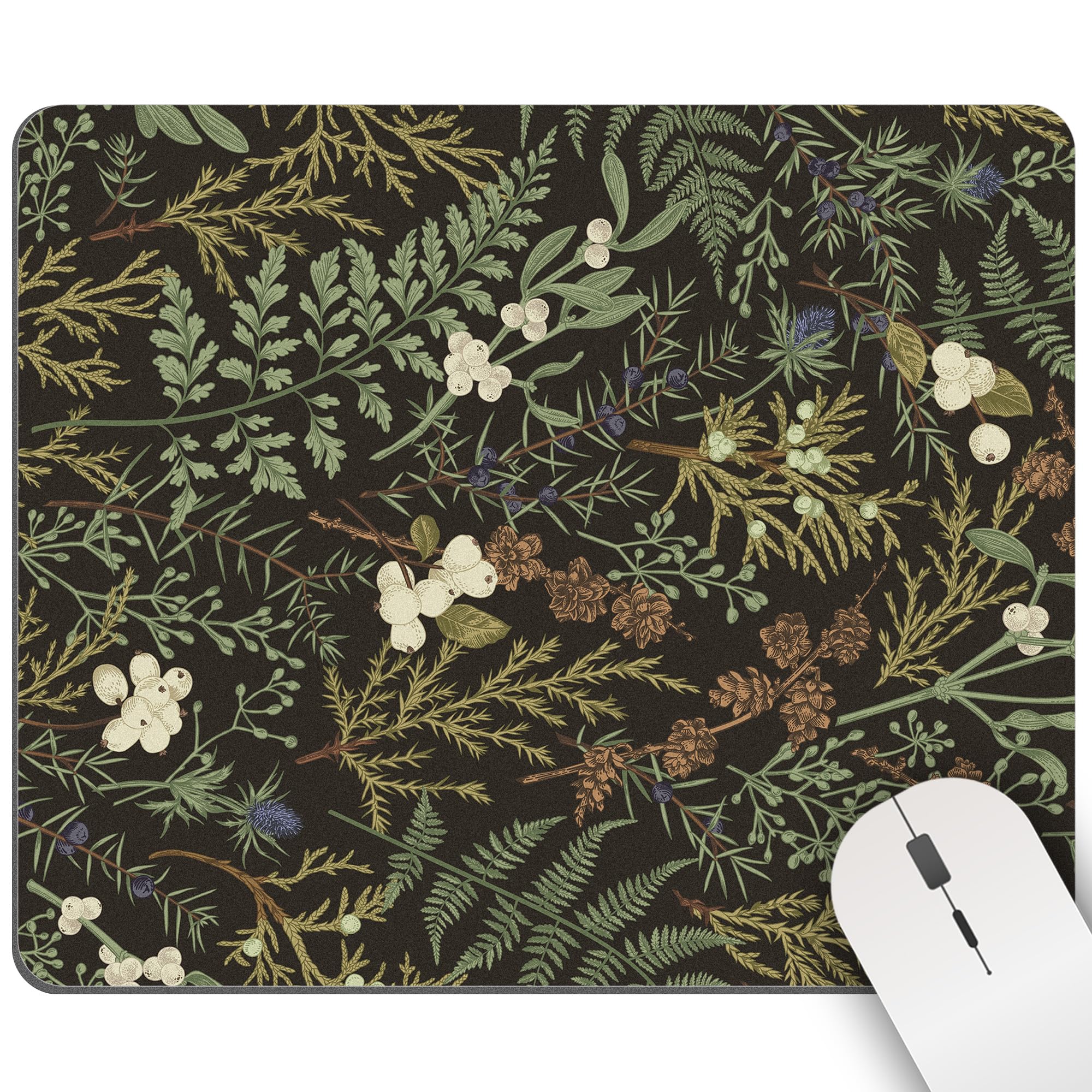 Mouse Pad Cute Green Mousepad Black Vintage Botanical Leaf Floral Flower Square Computer Desk Mat Nature Forest Washable Aesthetic Plant Non-Slip Rubber Gaming Office Travel Laptop Wireless Accessory