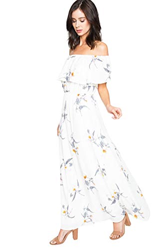 SUGARLIPS Women's Off Shoulder Dressy Casual Floral Maxi Dress, White-Multi, Small