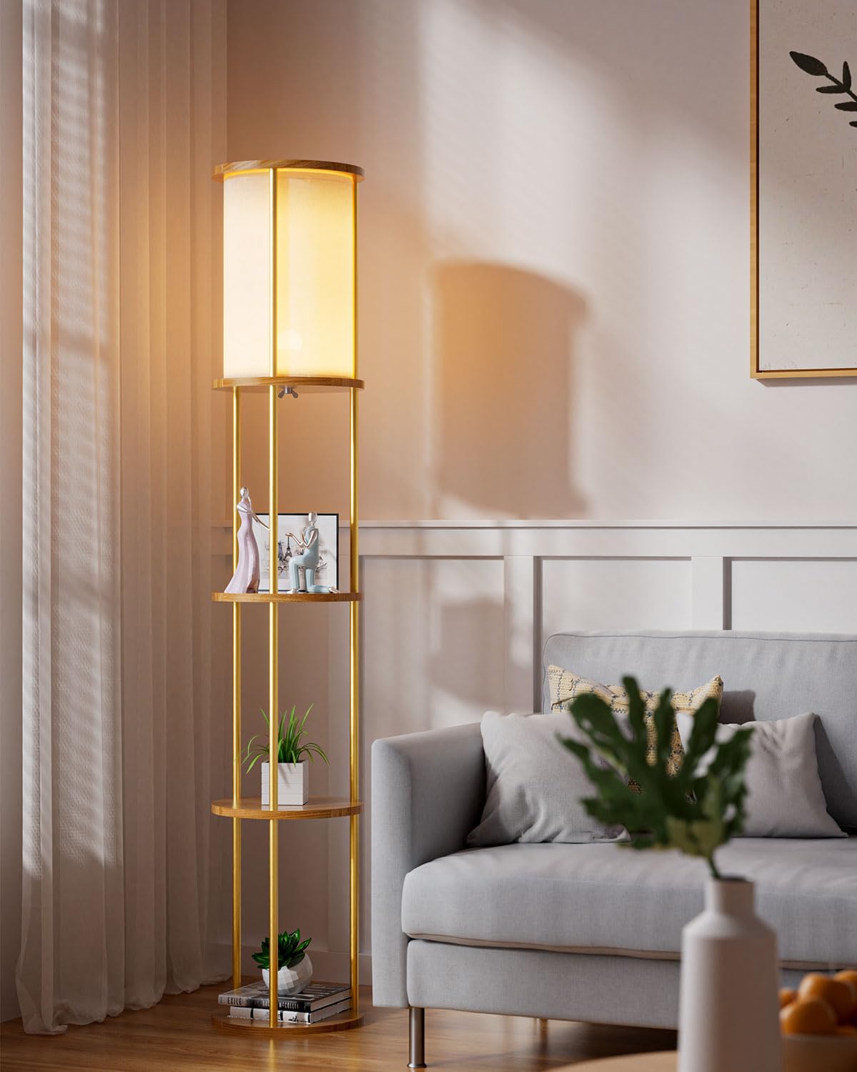 Floor Lamp with Big Shelves,3-Tier Golden Cylinder Shelf Floor Lamps with 3000K Warm Soft Brightness E26 LED Bulb (Included), Linen Shade Storage Wood Texture Modern Floor Lamp with Foot switch