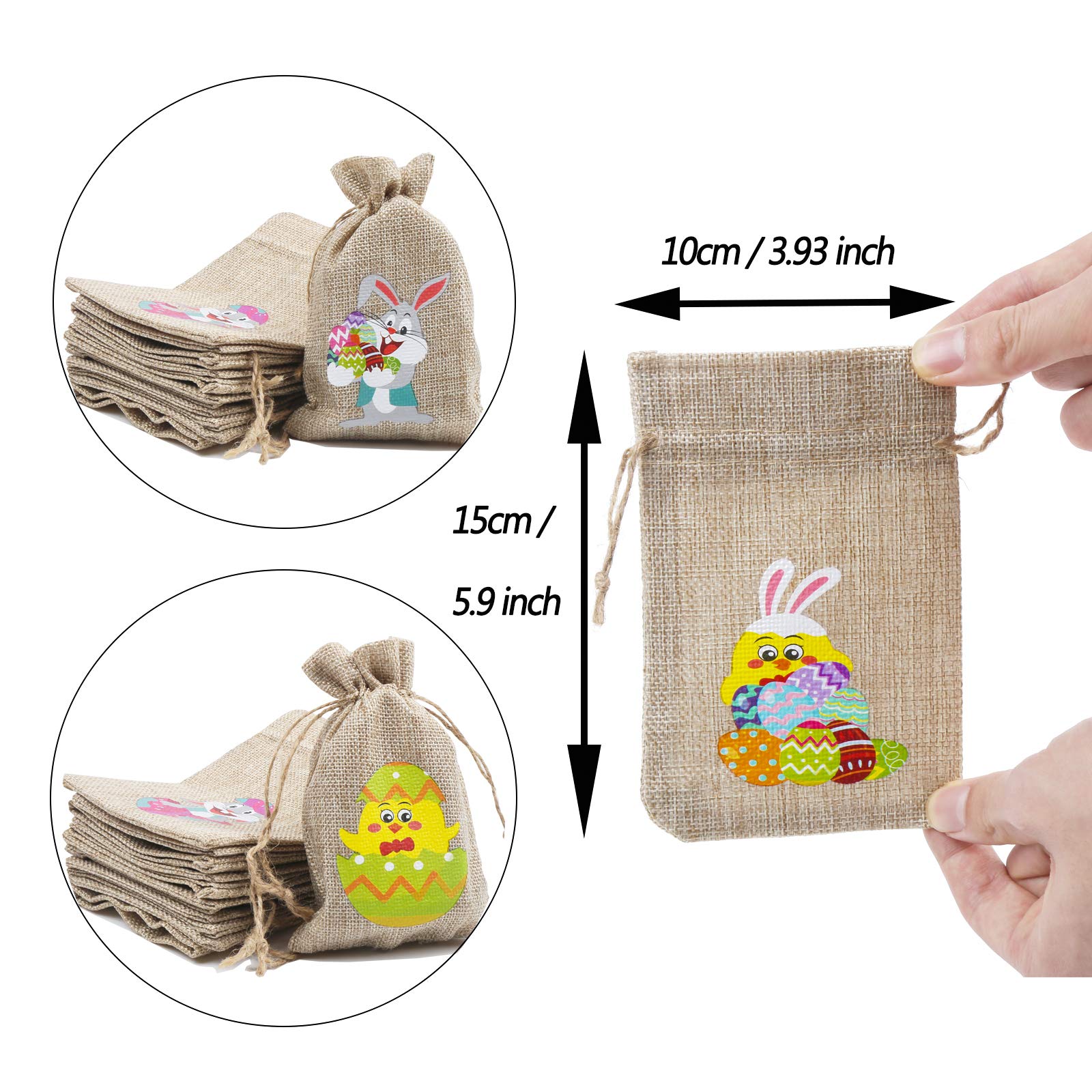 DERAYEE 36Pcs Easter Burlap Bags with Drawstring, Jute Linen Gift Bags Bunny Eggs Goodie Candy Bags for Kids Easter Party Favors