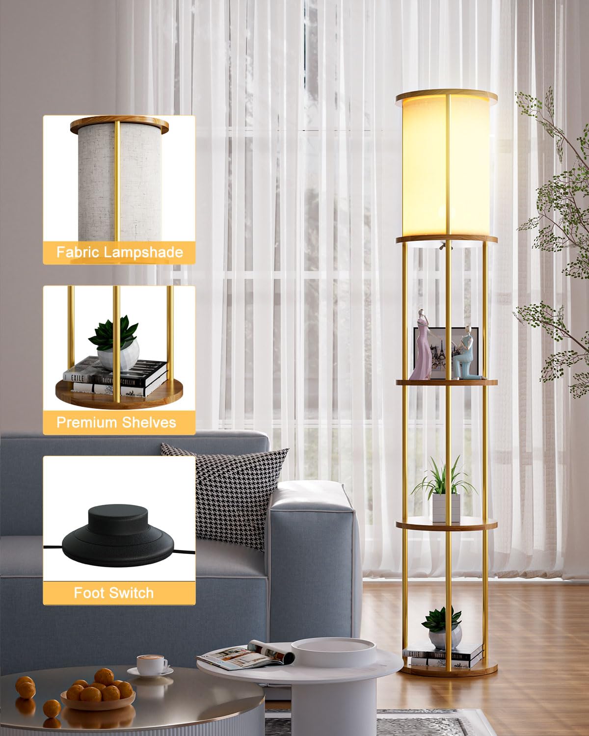 Floor Lamp with Big Shelves,3-Tier Golden Cylinder Shelf Floor Lamps with 3000K Warm Soft Brightness E26 LED Bulb (Included), Linen Shade Storage Wood Texture Modern Floor Lamp with Foot switch