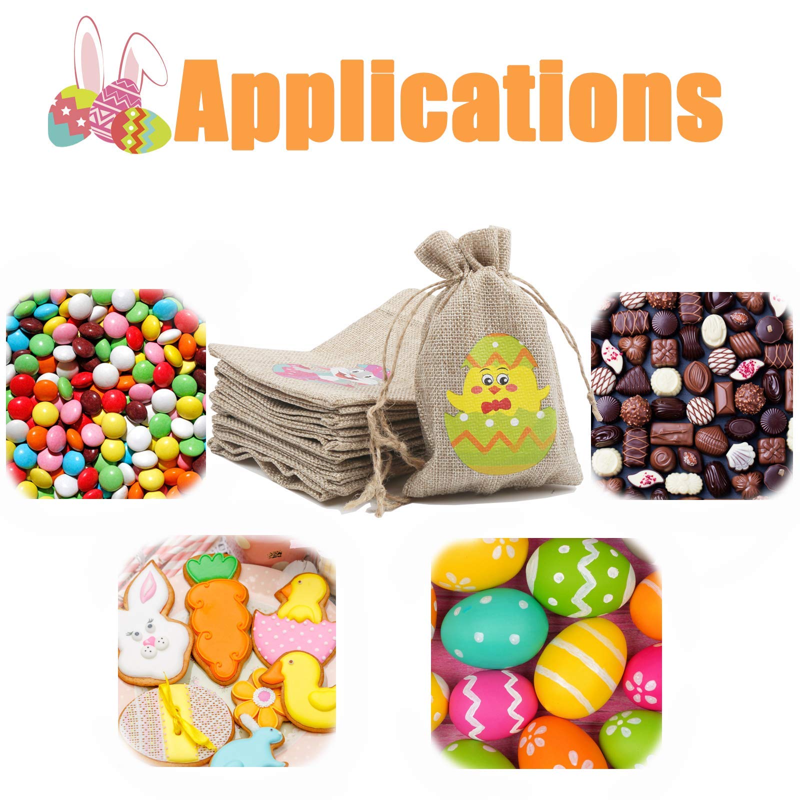 DERAYEE 36Pcs Easter Burlap Bags with Drawstring, Jute Linen Gift Bags Bunny Eggs Goodie Candy Bags for Kids Easter Party Favors