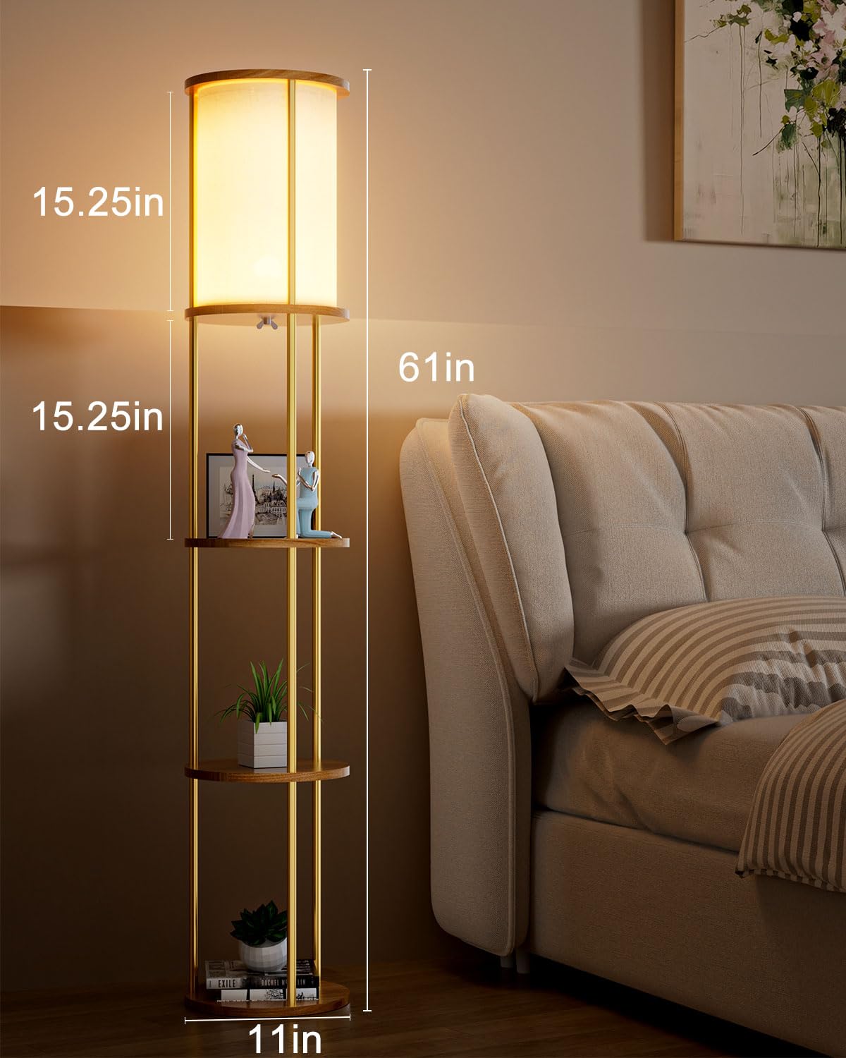 Floor Lamp with Big Shelves,3-Tier Golden Cylinder Shelf Floor Lamps with 3000K Warm Soft Brightness E26 LED Bulb (Included), Linen Shade Storage Wood Texture Modern Floor Lamp with Foot switch