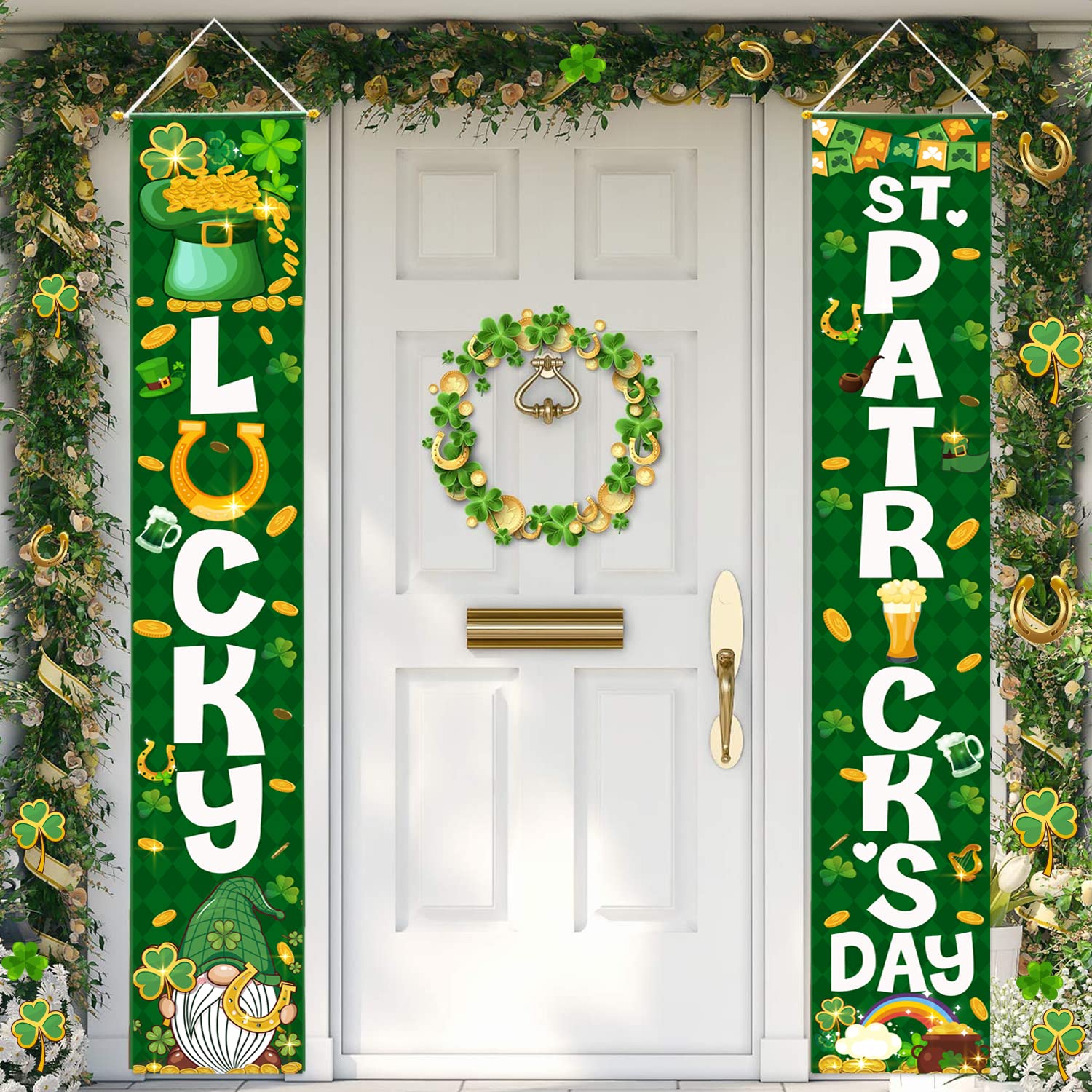 Happy St Patricks Day Banner, St Patricks Day Door Banner, Green Gold St Patricks Day Porch Sign for St Patrick's Day Party Decorations, Lucky St. Patrick's Day Banner for Indoor Outdoor tineit