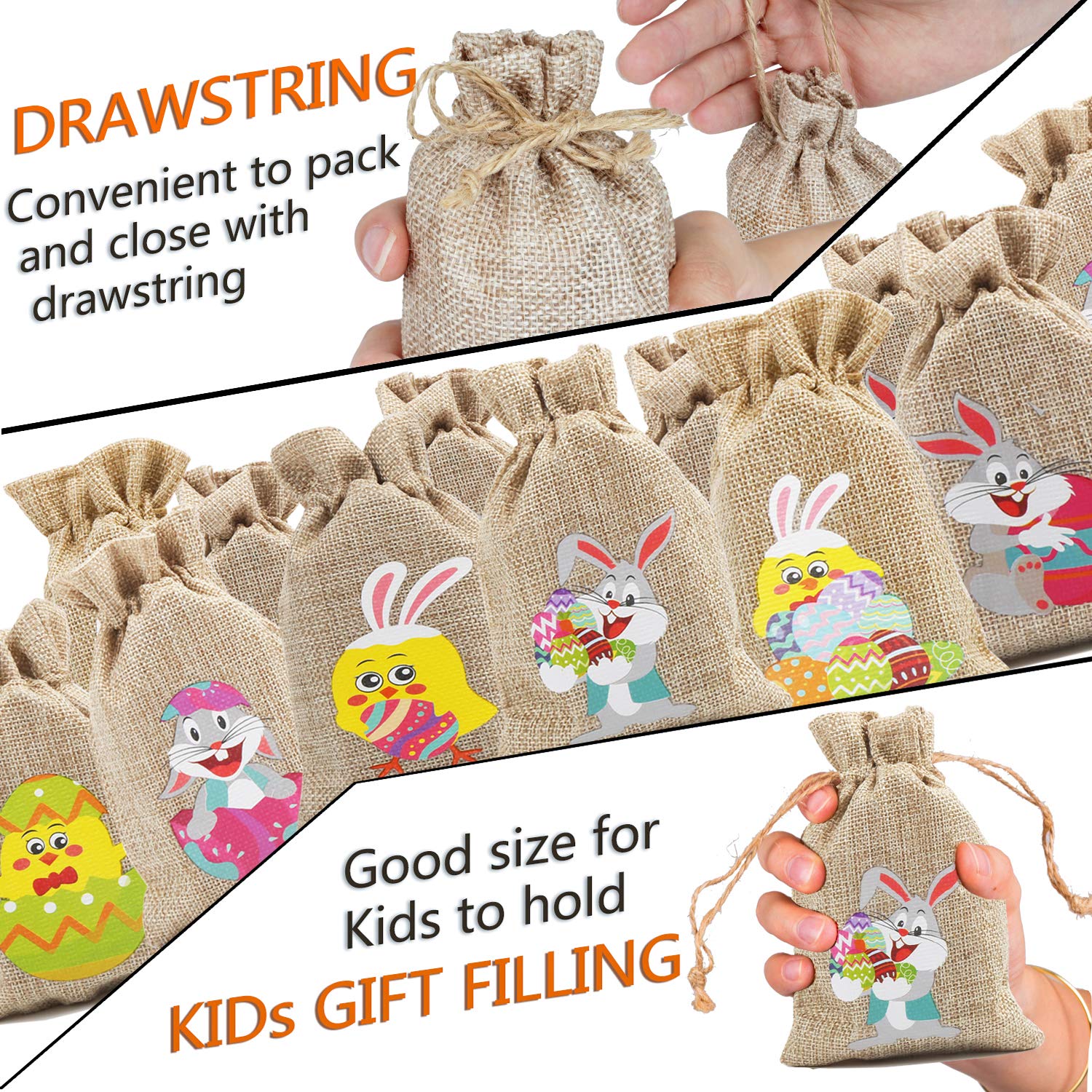 DERAYEE 36Pcs Easter Burlap Bags with Drawstring, Jute Linen Gift Bags Bunny Eggs Goodie Candy Bags for Kids Easter Party Favors
