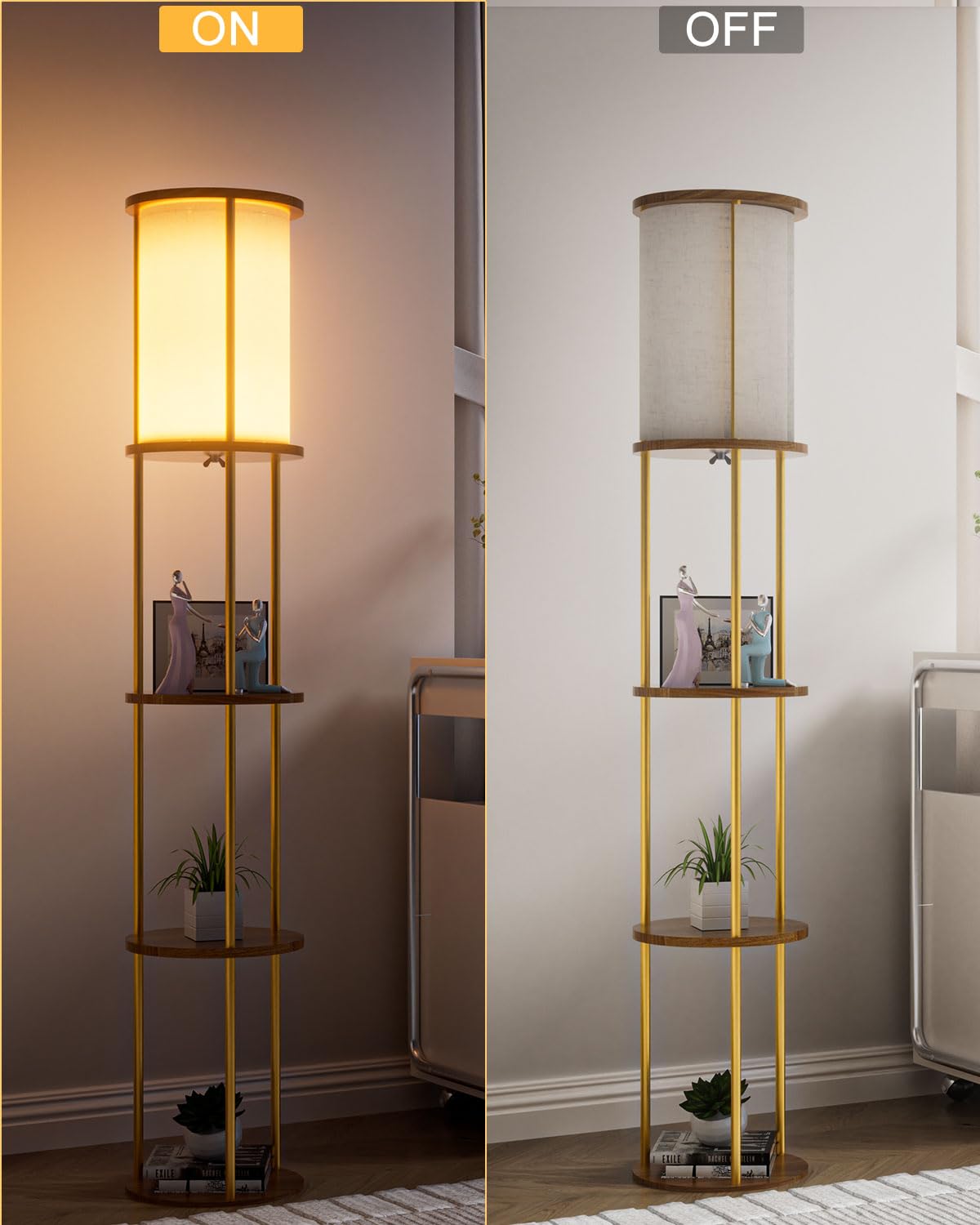Floor Lamp with Big Shelves,3-Tier Golden Cylinder Shelf Floor Lamps with 3000K Warm Soft Brightness E26 LED Bulb (Included), Linen Shade Storage Wood Texture Modern Floor Lamp with Foot switch