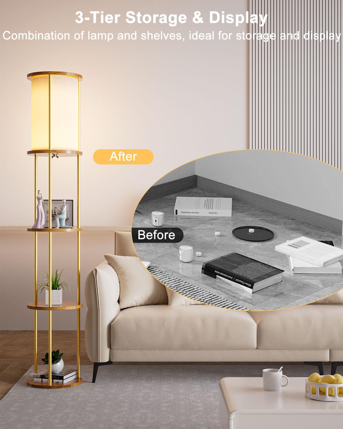 Floor Lamp with Big Shelves,3-Tier Golden Cylinder Shelf Floor Lamps with 3000K Warm Soft Brightness E26 LED Bulb (Included), Linen Shade Storage Wood Texture Modern Floor Lamp with Foot switch
