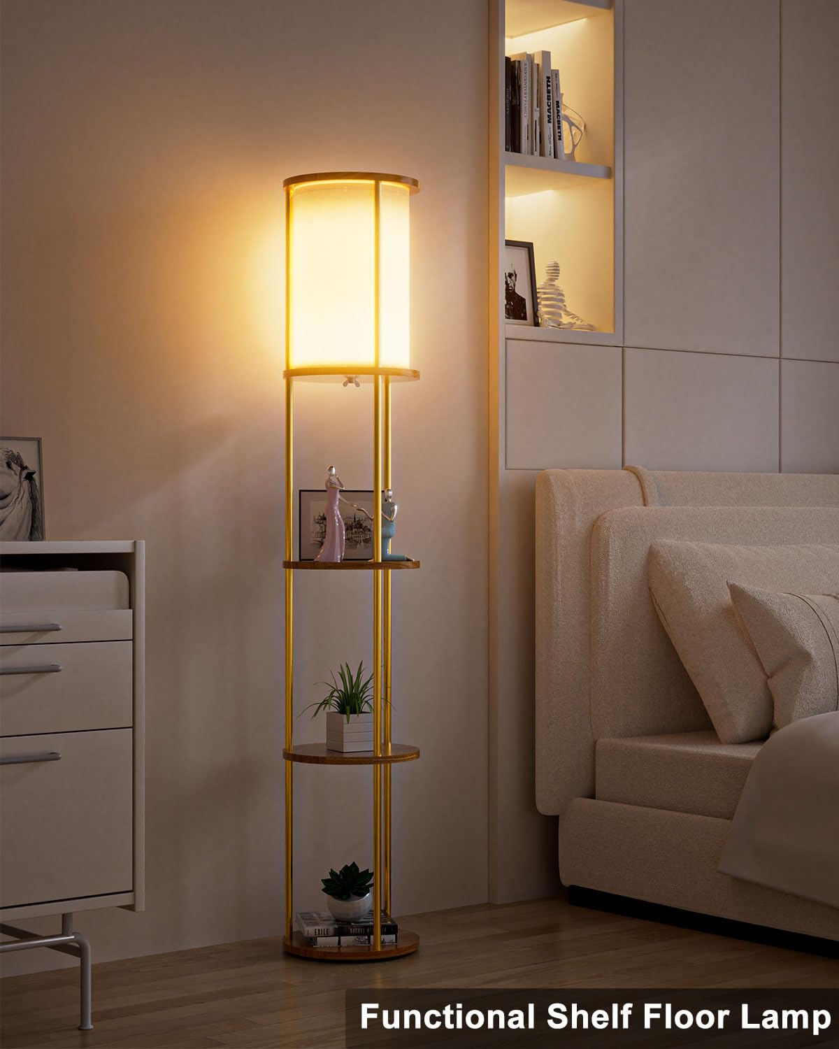 Floor Lamp with Big Shelves,3-Tier Golden Cylinder Shelf Floor Lamps with 3000K Warm Soft Brightness E26 LED Bulb (Included), Linen Shade Storage Wood Texture Modern Floor Lamp with Foot switch