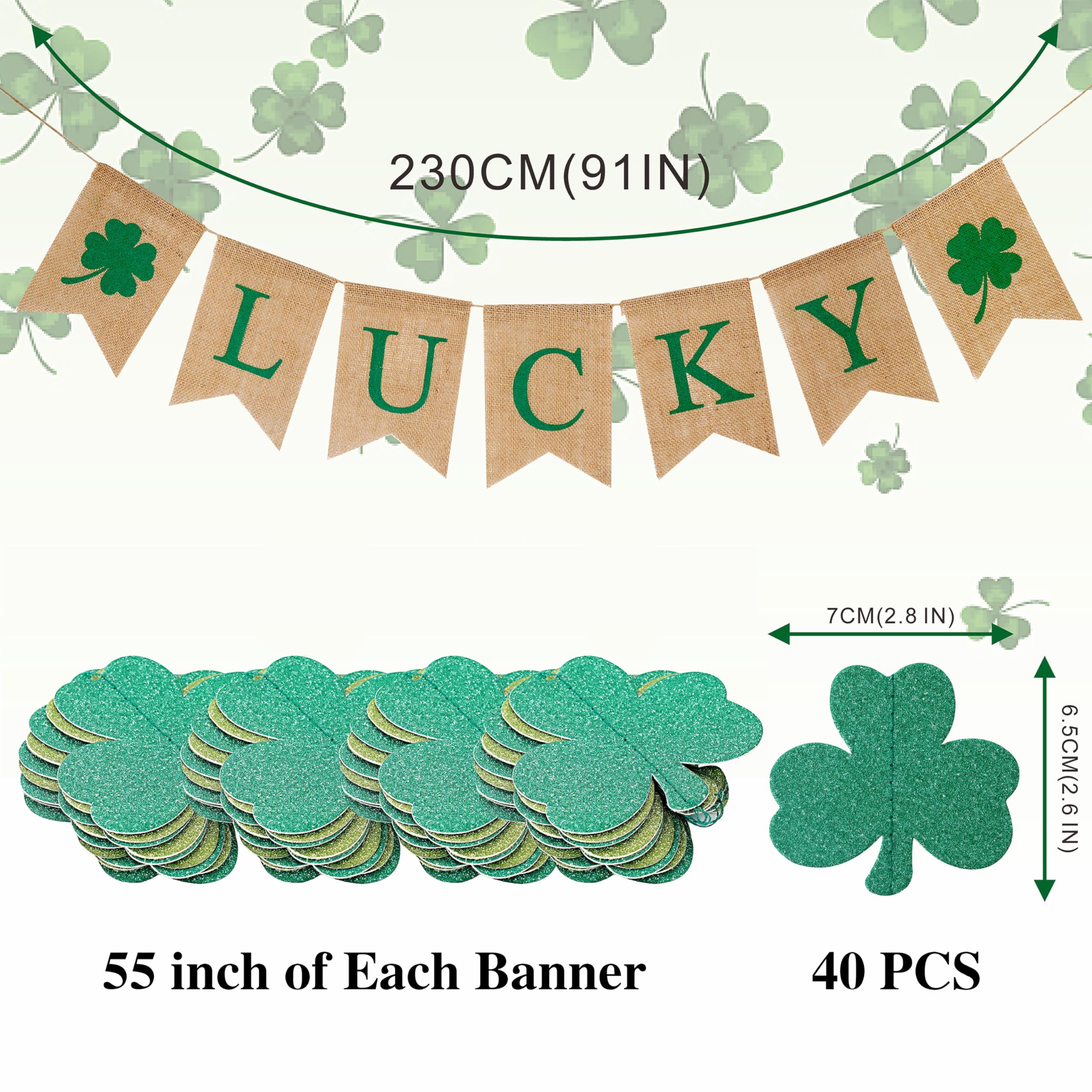 St Patricks Day Decorations, Lucky Shamrock Garland Banner, Patrick's Day Burlap Banners with 4 Glitter Shamrock Garland - NO DIY
