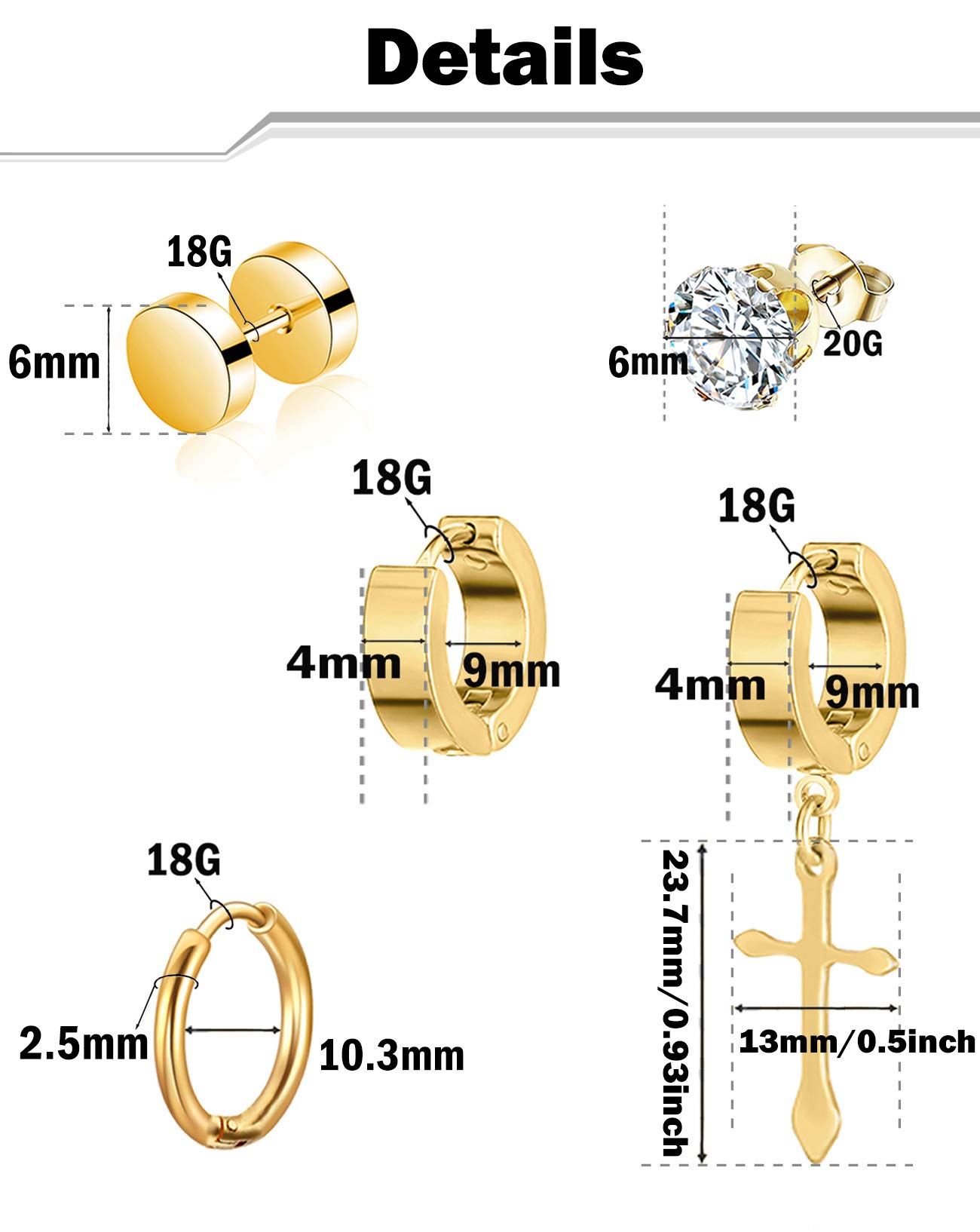Ofeiyaa 15 Pairs Stainless Steel Dangle Hinged Earrings Hoop Huggie Earrings CZ Stud Earrings Set for Men Women Ear Piercing Jewelry Silver Black Gold Tone