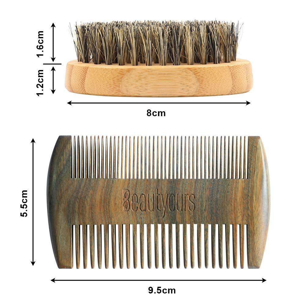 Beard Brush Kit Boar Bristle Brush and Sandalwood Comb with Storage Bag for Men, Fine & Coarse Teeth Dual Brush for Mustache Anti-Static