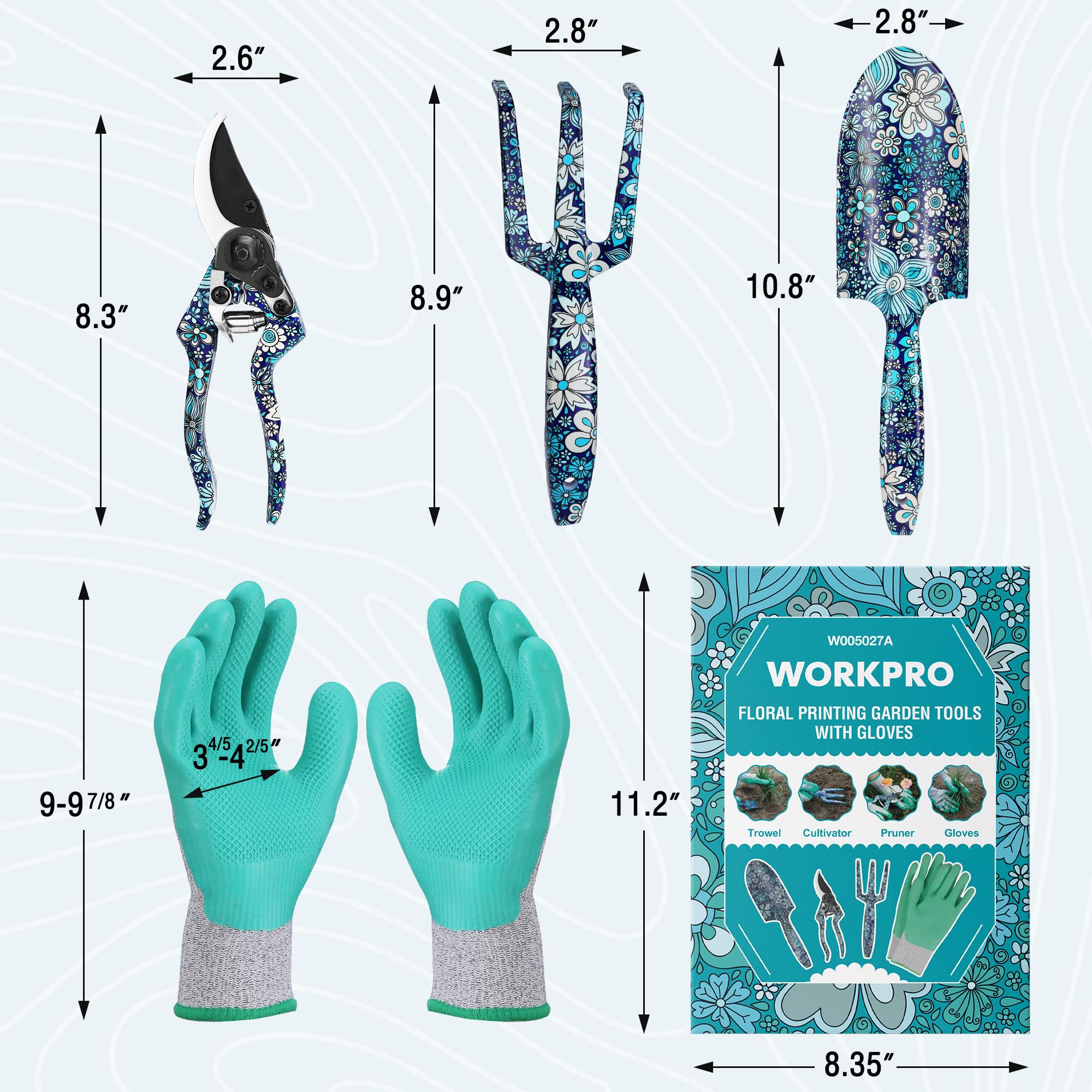 WORKPRO Garden Tool Set, 5 Pieces Gardening Work Gifts, Cast Aluminum Outdoor Hand Tools Kit for Men and Women, Including Trowel Transplanter Weeder Hand Fork Cultivator
