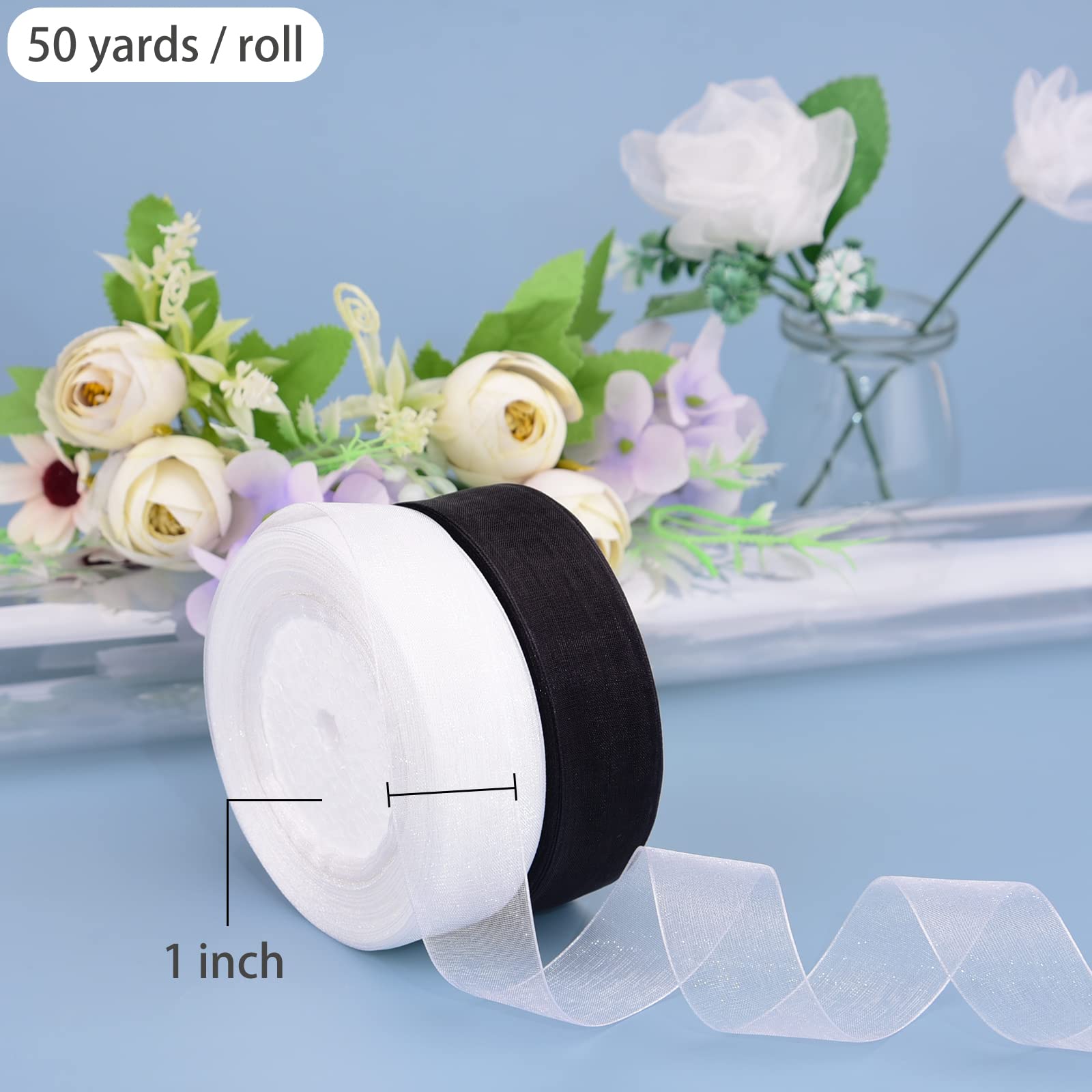 Hapeper 2 Rolls 1 Inch Sheer Organza Chiffon Ribbons for Gift Wrapping DIY Crafts Party Decoration, 50 Yards/ Roll (Light Purple, Light Blue)