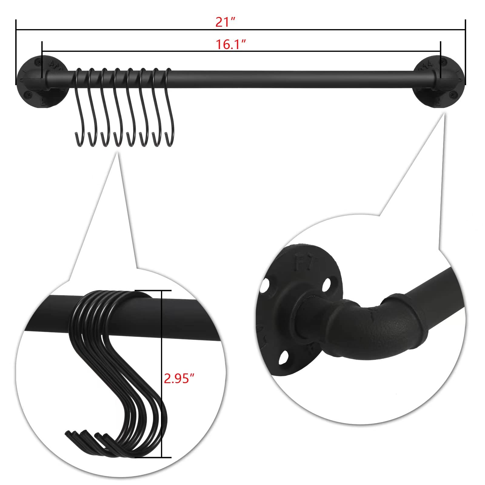 EGASON 21 inch Pot Pan Bar Rack Wall Mounted Set of 2 with 16 Hooks Industrial Pipe Pot Pan Hanger Rustic Iron Pan Hanging Rail Pipe Towel Holder Kitchen Utensil Organizer Black