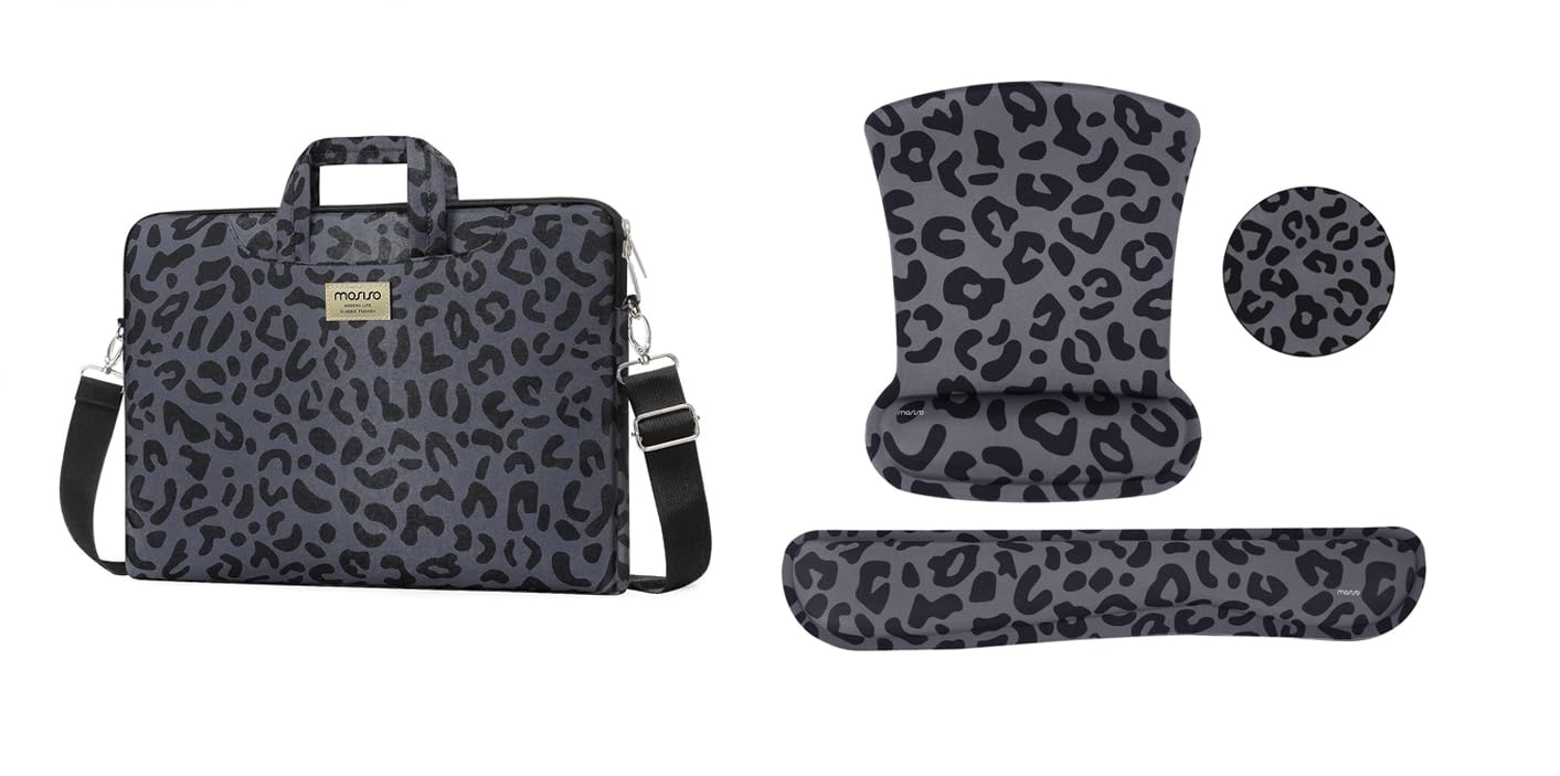 MOSISO Leopard Grain Wrist Rest Support for Mouse Pad&Keyboard Set&Laptop Shoulder Bag Compatible with MacBook Air 15/Pro 16/Pro 15,15-15.6 inch Notebook,Leopard Grain Briefcase Sleeve with Belt,Black