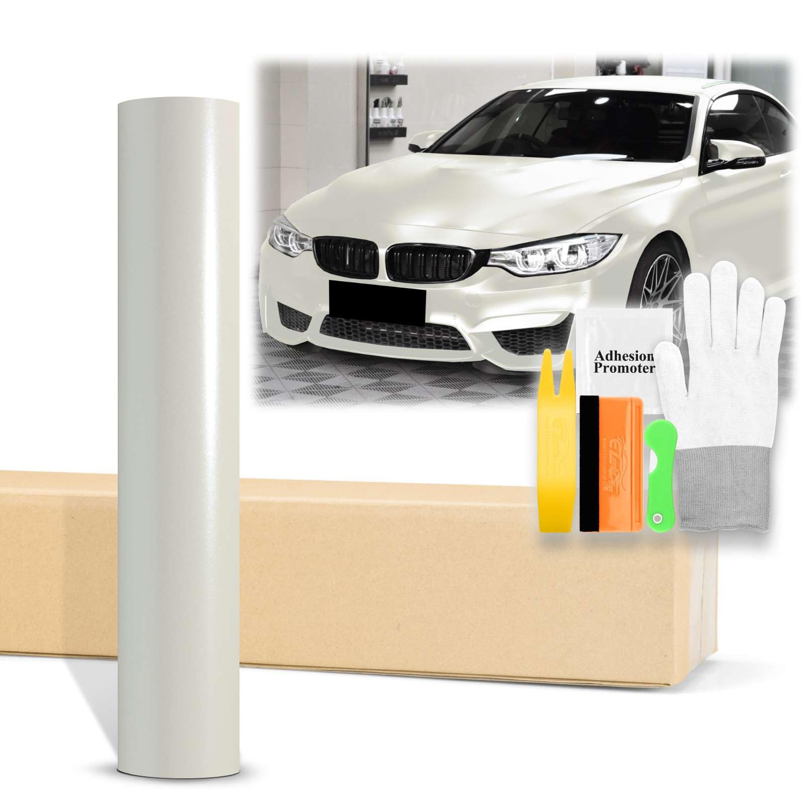 24"x60" (2FTx5FT) White Matte Metallic Satin Pearl Vinyl Wrap Sticker Sheet Film Car Auto Vehicle DIY Decal Bubble Free Air Release Self Adhesive Peel and Stick Free Tool Kit