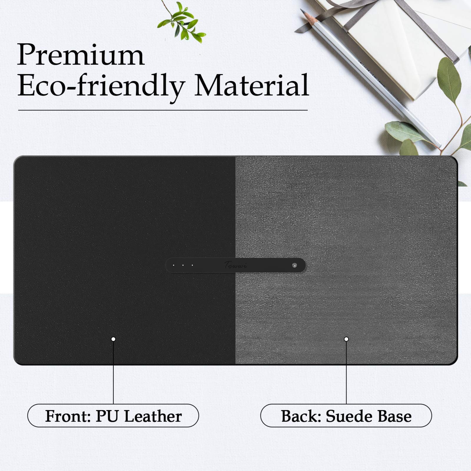 TOWWI PU Leather Desk Pad with Suede Base, Multi-Color Non-Slip Mouse Pad, 36” x 17” Waterproof Desk Writing Mat, Large Desk Blotter Protector(Black)