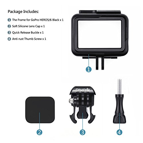 Frame Mount Housing Case for GoPro Hero 5/6/7 Black Action Camera - Protective Case with Quick Release Buckle, Long Thumb Bolt Screw, and Lens Cap - Black