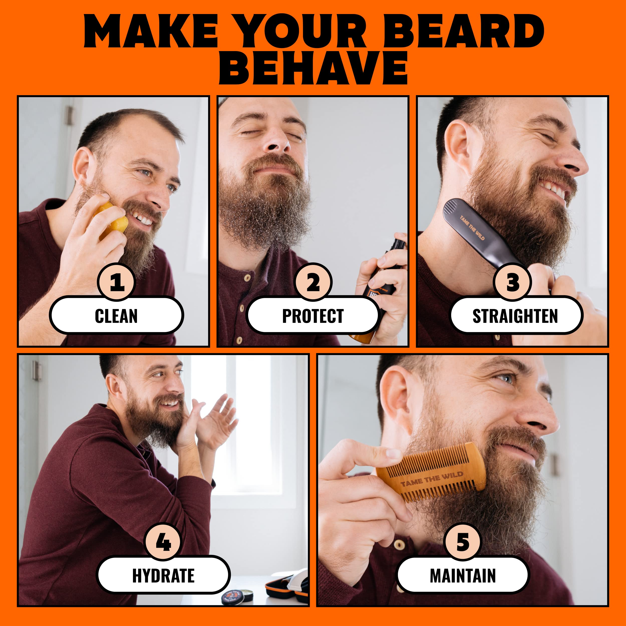 Tame the Wild Premium Beard Straightener Kit - Heated Beard Brush for Men - Beard Grooming Kit Includes Heat Protectant, Beard Soap, Beard Balm, Wooden Comb, & Storage Case - Gift Set