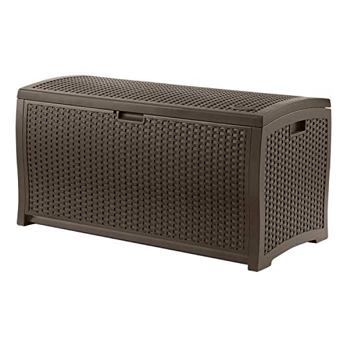 Suncast 99 Gallon Resin Wicker Patio Outdoor Storage Container for Toys, Furniture Deck box, Mocha & Suncast 22 Gallon Small Resin Storage Seat, Java, SSW600J