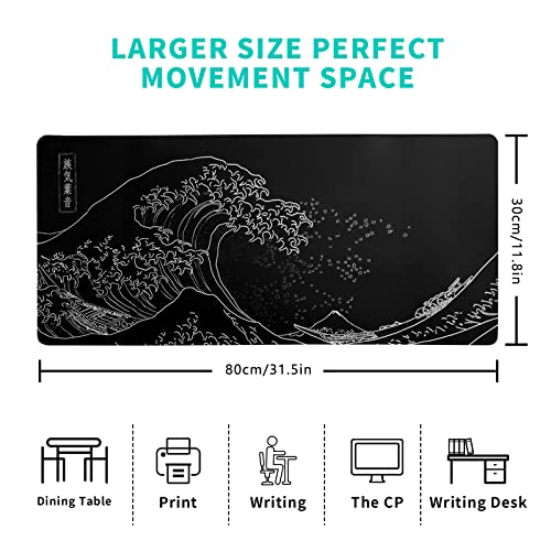 Japanese Sea Wave Gaming Mouse Pad 31.5x11.8 Inch Anime Black Mouse Pad Big Kanagawa Large Mousepad Extended Non-Slip Rubber Base Waterproof Big Keyboard Mat with Stitched Edges for Gaming and Office