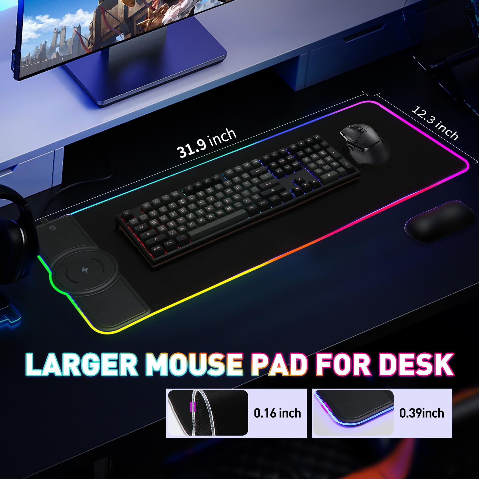 Gaming Mouse pad with Wireless Charging,25W PD Fast Charging RGB Mousepad Gaming Accessories for Desk,Upgrade Your Gaming and Office Setup with Large Desk pad (Black-with 25W pd Charger)