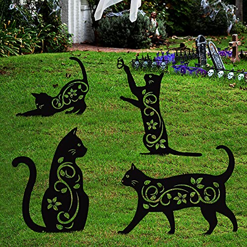 Elcoho 4 Pack Black Cat Silhouette Cute Metal Cat Garden Statues Bird Repellent Cat Decorative Garden Stakes for Yard, Garden, Lawn Outdoor Decorations