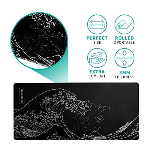 Japanese Sea Wave Gaming Mouse Pad 31.5x11.8 Inch Anime Black Mouse Pad Big Kanagawa Large Mousepad Extended Non-Slip Rubber Base Waterproof Big Keyboard Mat with Stitched Edges for Gaming and Office