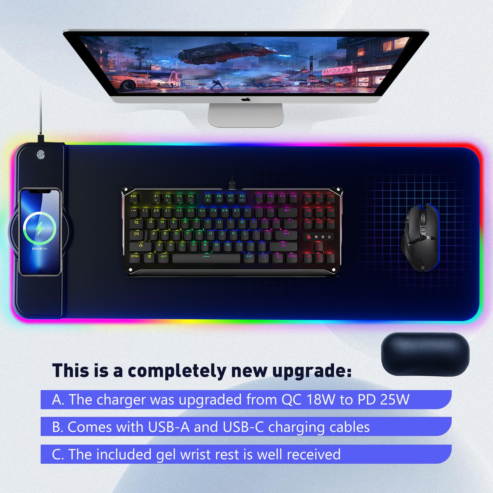 Gaming Mouse pad with Wireless Charging,25W PD Fast Charging RGB Mousepad Gaming Accessories for Desk,Upgrade Your Gaming and Office Setup with Large Desk pad (Black-with 25W pd Charger)