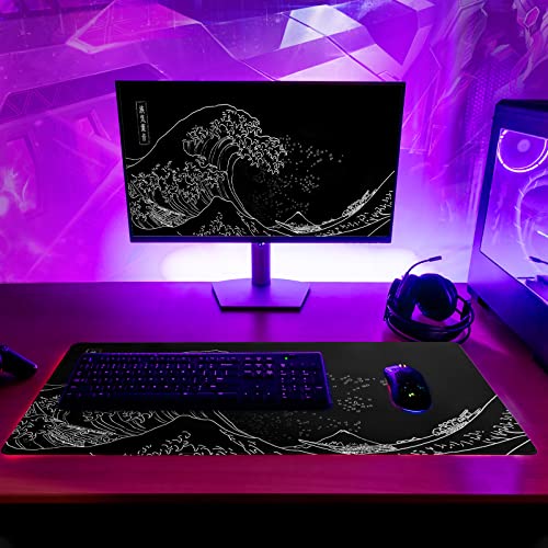 Japanese Sea Wave Gaming Mouse Pad 31.5x11.8 Inch Anime Black Mouse Pad Big Kanagawa Large Mousepad Extended Non-Slip Rubber Base Waterproof Big Keyboard Mat with Stitched Edges for Gaming and Office