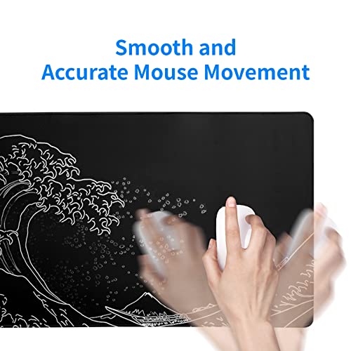 Japanese Sea Wave Gaming Mouse Pad 31.5x11.8 Inch Anime Black Mouse Pad Big Kanagawa Large Mousepad Extended Non-Slip Rubber Base Waterproof Big Keyboard Mat with Stitched Edges for Gaming and Office