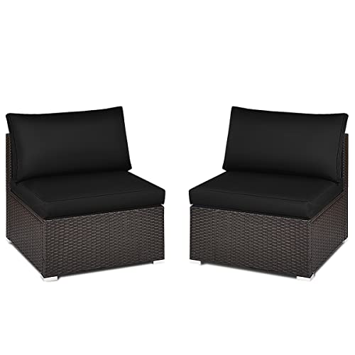Tangkula 2 PCS Outdoor Wicker Armless Sofa, Patio Rattan Sectional Sofa Set w/2 Thick Seat Cushions and 2 Back Cushions, Additional Seats for Balcony Garden Patio Poolside (Black)