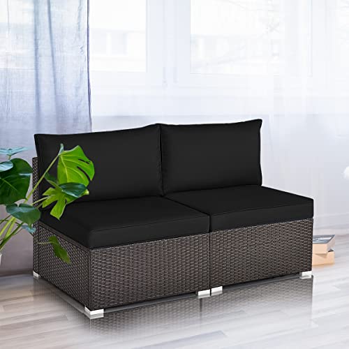 Tangkula 2 PCS Outdoor Wicker Armless Sofa, Patio Rattan Sectional Sofa Set w/2 Thick Seat Cushions and 2 Back Cushions, Additional Seats for Balcony Garden Patio Poolside (Black)