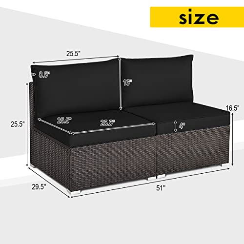 Tangkula 2 PCS Outdoor Wicker Armless Sofa, Patio Rattan Sectional Sofa Set w/2 Thick Seat Cushions and 2 Back Cushions, Additional Seats for Balcony Garden Patio Poolside (Black)