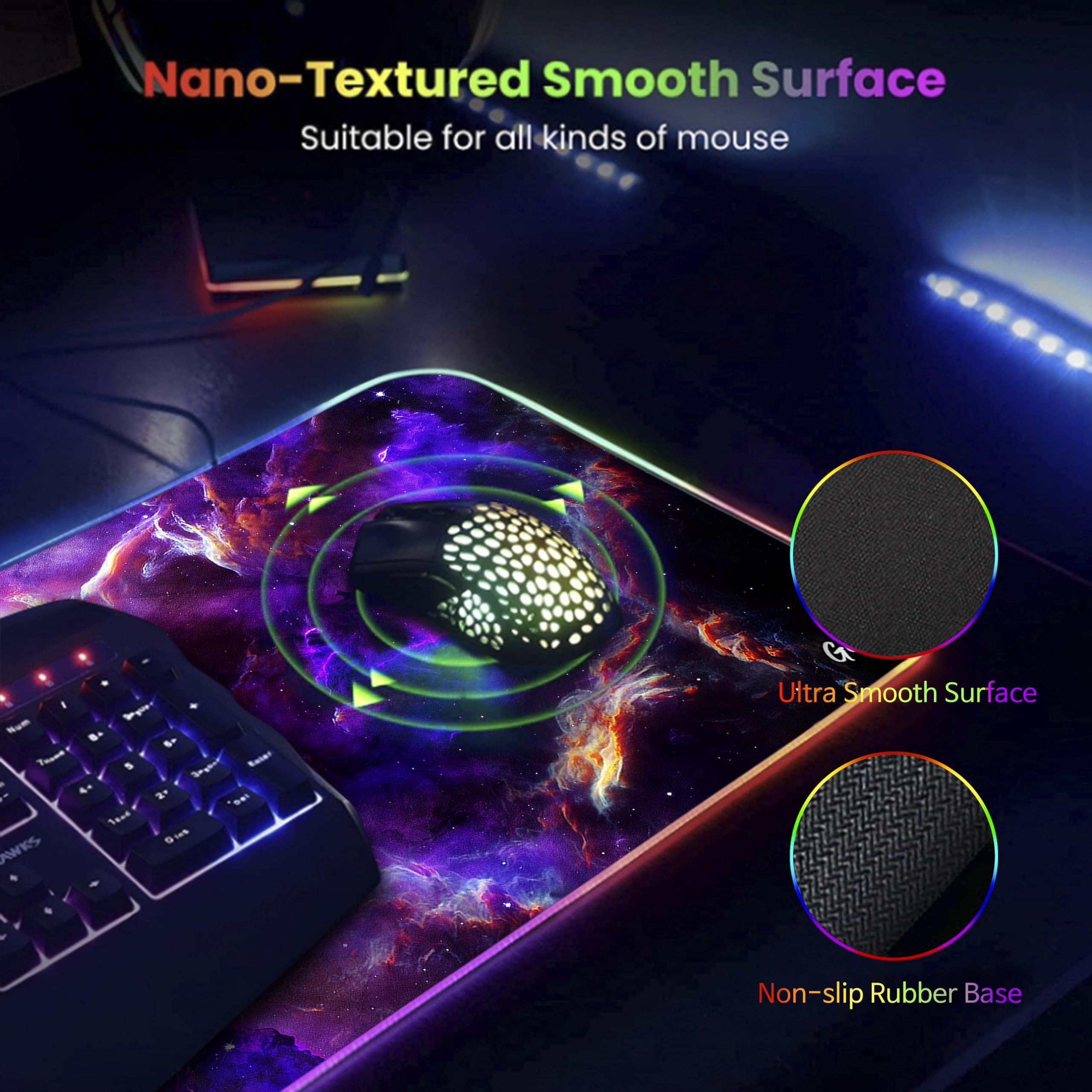 Gerlos RGB Large Gaming Mouse Pad, Extended Soft LED Mouse Pad, Non-Slip Rubber Base, Water Resist Keyboard Pad, Computer Mousepad 31.5×11.8 inches