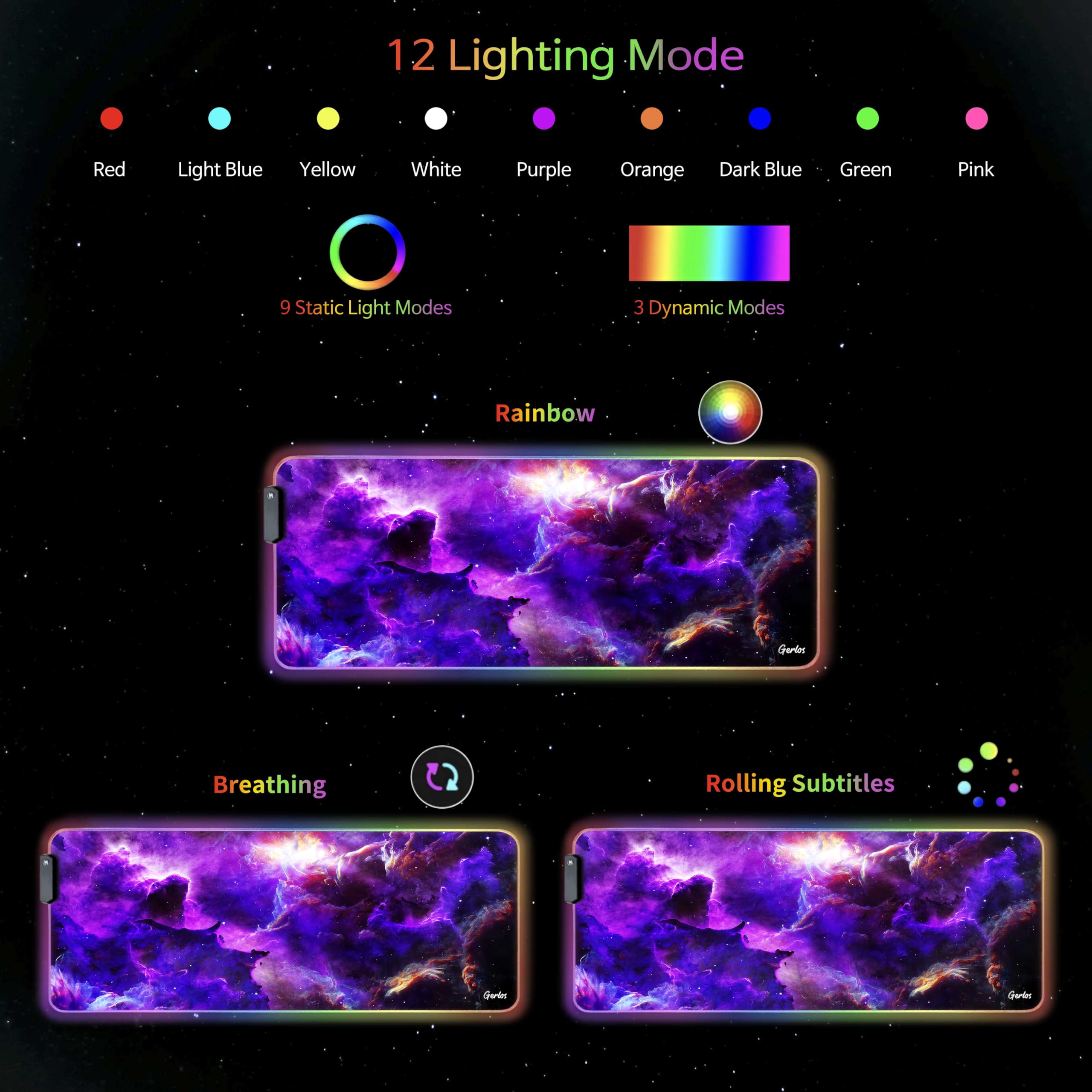 Gerlos RGB Large Gaming Mouse Pad, Extended Soft LED Mouse Pad, Non-Slip Rubber Base, Water Resist Keyboard Pad, Computer Mousepad 31.5×11.8 inches
