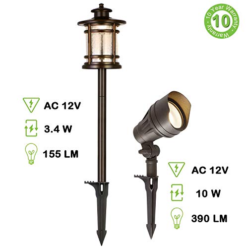 8 Pack Low Voltage LED Landscape Kits, 12V Pathway Flood Light Kits, 10W 390LM and 3.4W 155LM Wired for Outdoor Yard Lawn, Die-cast Aluminum, 50W and 30W Equivalent 15-Year Lifespan