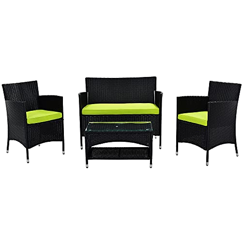 ZLXDP 4PCS Patio Furniture Outdoor Garden Conversation Set Black Wicker 2 Armchairs+1 Double Sofa+1 Table w/Green Cushion