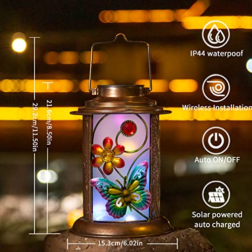 Outdoor Solar Lantern, Solar Hanging Butterfly Lantern, Solar Lanterns Outdoor Waterproof, Red Retro Metal LED Lantern for Outdoor Garden Patio Lawn Decor