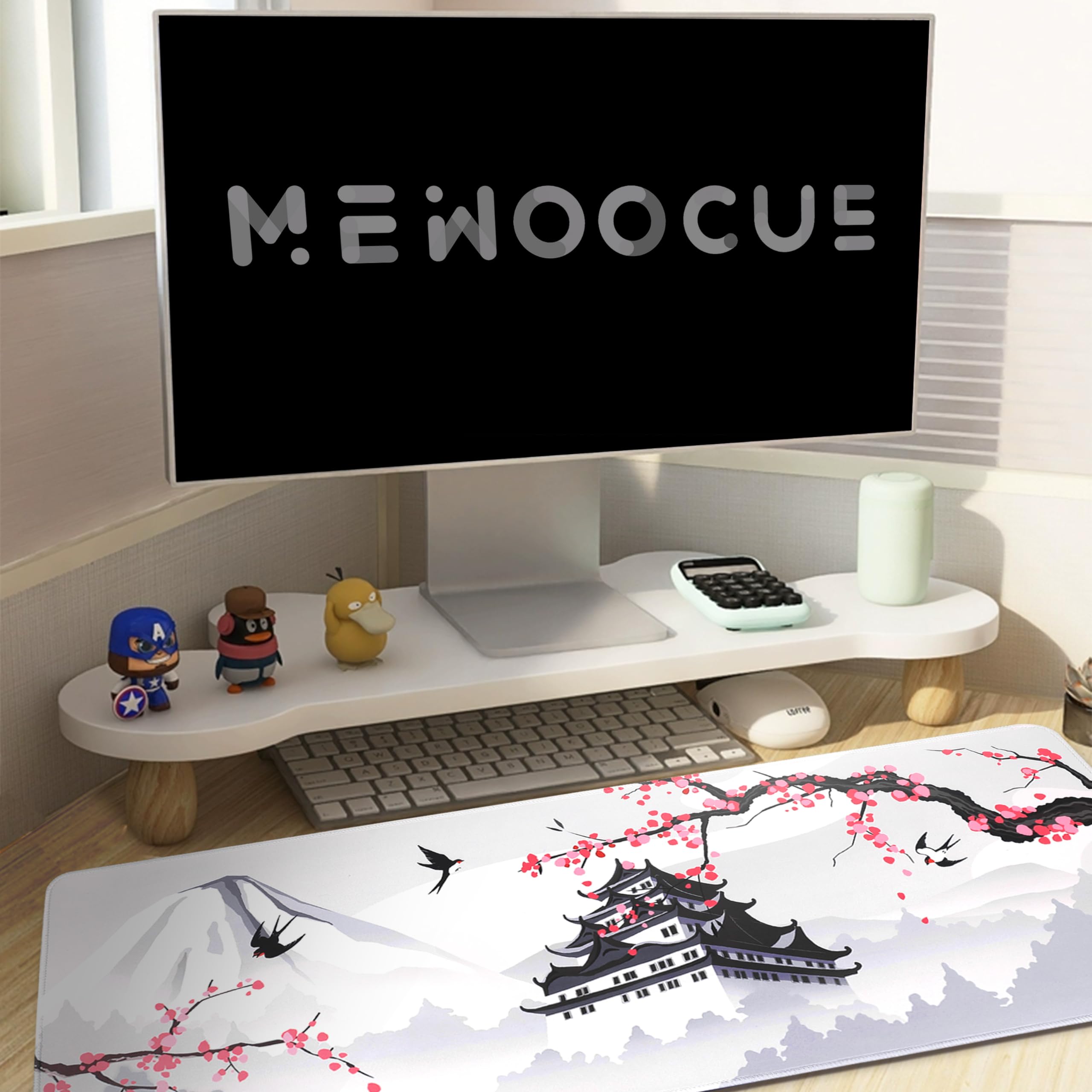 Japanese Cherry Blossom Gaming Mouse Pad 31.5x11.8in Pink Full Desk Japanese Sakura Gaming Mouse Pad Large Non-Slip Rubber Base Waterproof Big Keyboard Mat with Stitched Edges for Gaming Office