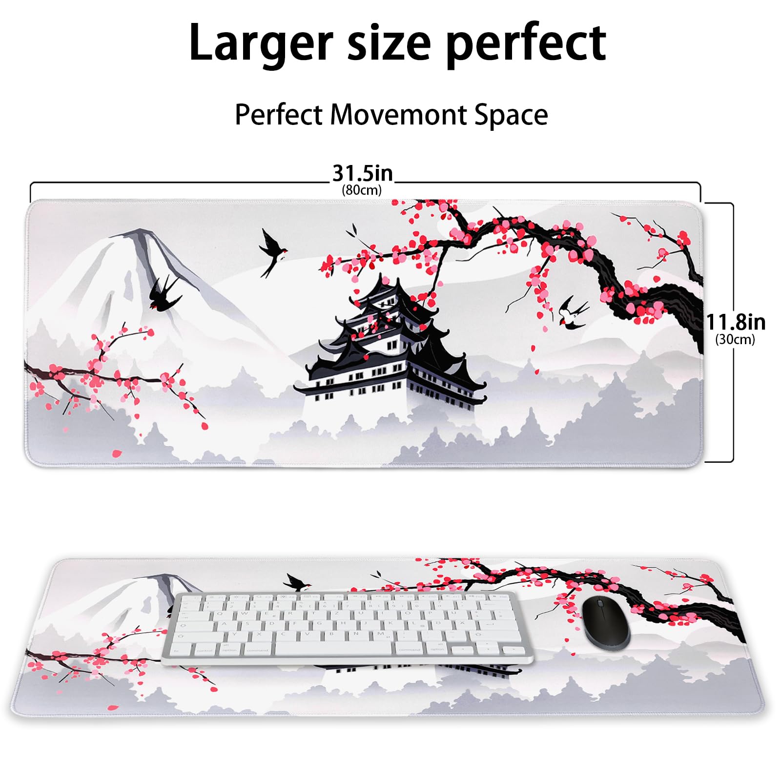 Japanese Cherry Blossom Gaming Mouse Pad 31.5x11.8in Pink Full Desk Japanese Sakura Gaming Mouse Pad Large Non-Slip Rubber Base Waterproof Big Keyboard Mat with Stitched Edges for Gaming Office