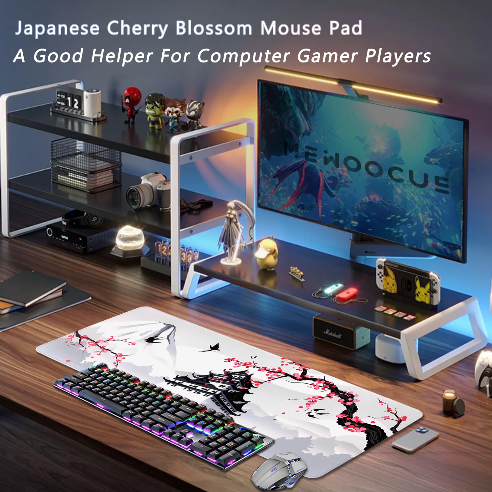 Japanese Cherry Blossom Gaming Mouse Pad 31.5x11.8in Pink Full Desk Japanese Sakura Gaming Mouse Pad Large Non-Slip Rubber Base Waterproof Big Keyboard Mat with Stitched Edges for Gaming Office
